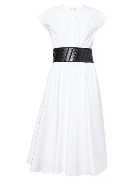 Alaïa Belted Flared Cotton-poplin Midi Dress - Blanc