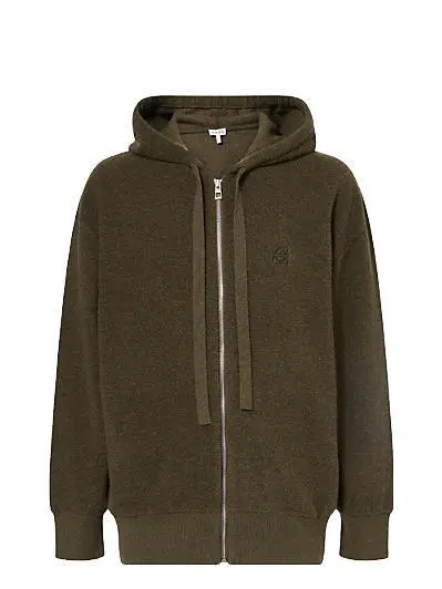 Loewe Embroidered-emblem Zip-up Wool Hoody - Khaki Green