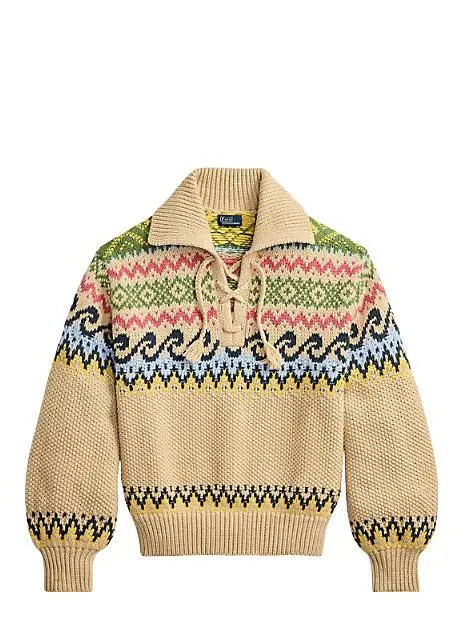 Polo Ralph Lauren Fair Isle Lace-up Knitted Jumper - Tan Multi