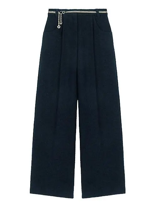 Maje Wide-leg Tweed Trousers With Chain Belt - Navy
