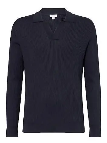 Sunspel Open-collar Stretch-rib Silk And Cotton Polo Top - Navy