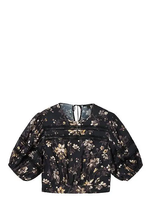 ALLSAINTS Peony Cropped Woven Blouse - Vine Black
