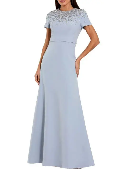 Mac Duggal Short Sleeve Beaded High Neck Crepe Gown - Powder Blue