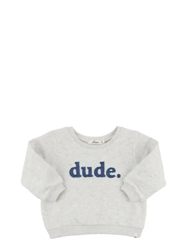 OH BABY! Dude." Denim Applique Brooklyn Boxy Sweatshirt - Heather Grey