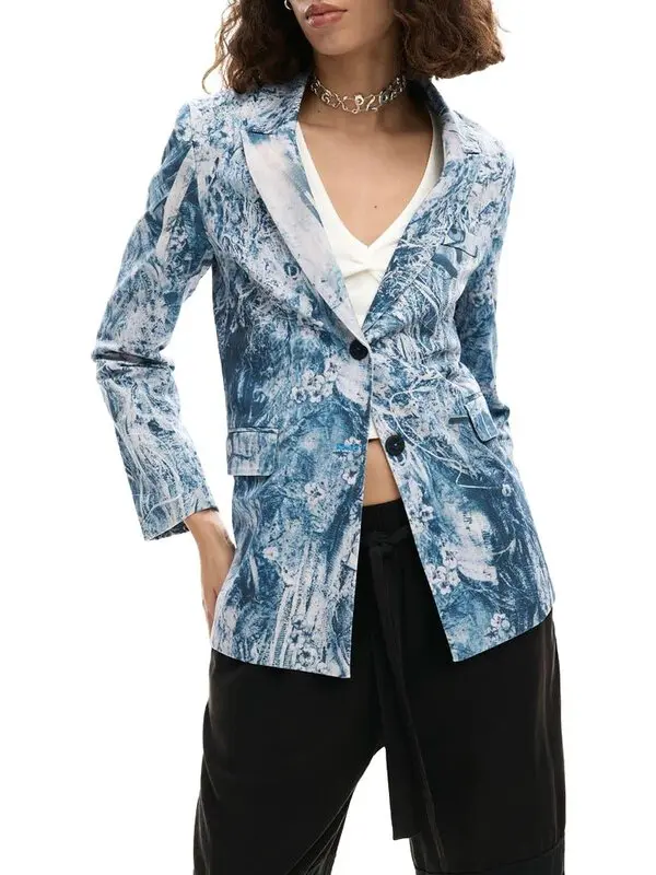 Desigual Floral Print Cotton Blend Jacket - Multi Gray/blue