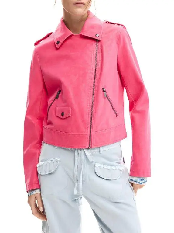 Desigual Faux Leather Moto Jacket - Light Pink