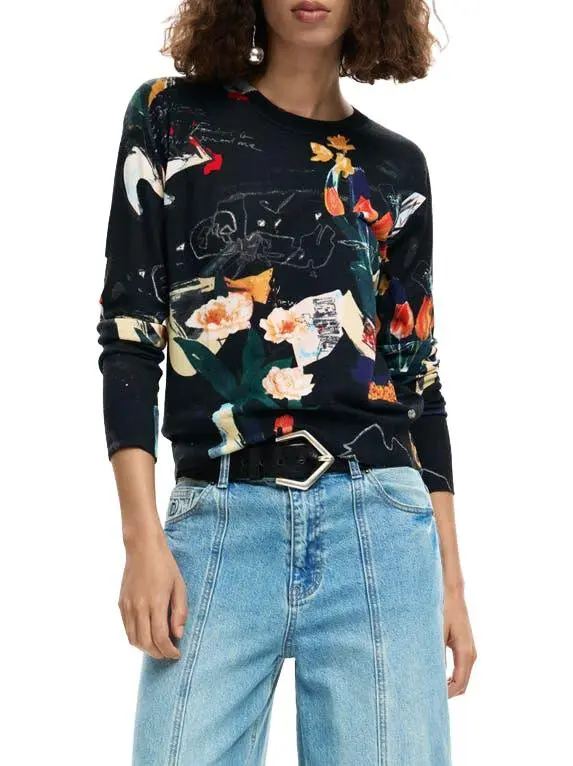 Desigual Floral Crewneck Fine Gauge Sweater - Black