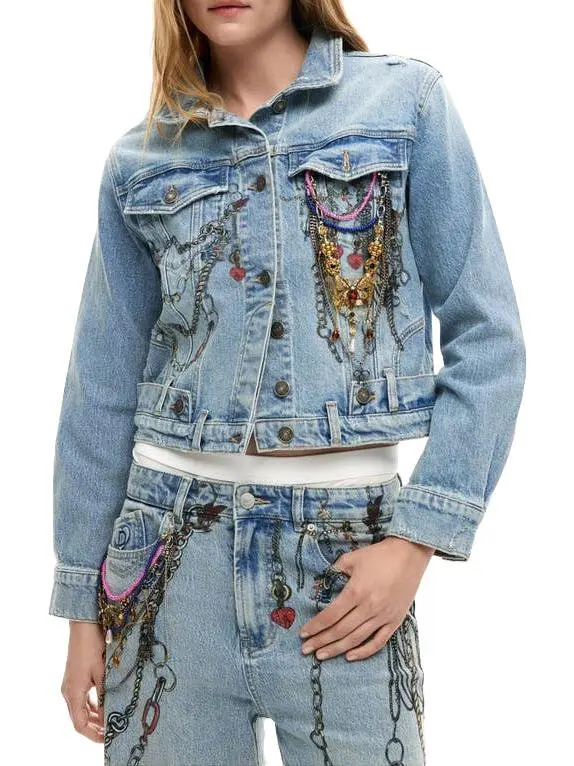 Desigual Embellished Denim Trucker Jacket - Medium Blue