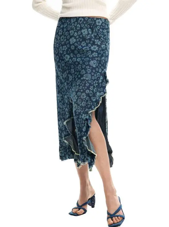 Desigual Floral Print Midi Skirt - Medium Blue