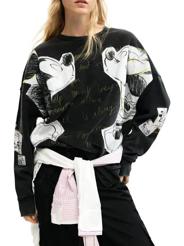 Desigual Mickey & Minnie Mouse Patch Distressed French Terry Sweatshirt - Black