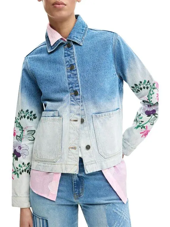 Desigual Floral Embroidered Denim Trucker Jacket - Medium Blue