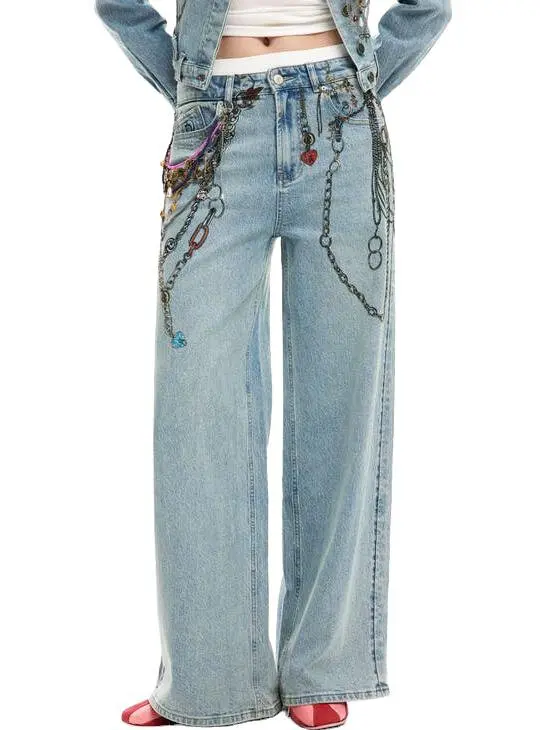 Desigual Chain Embellished Wide-leg Jeans - Medium Blue