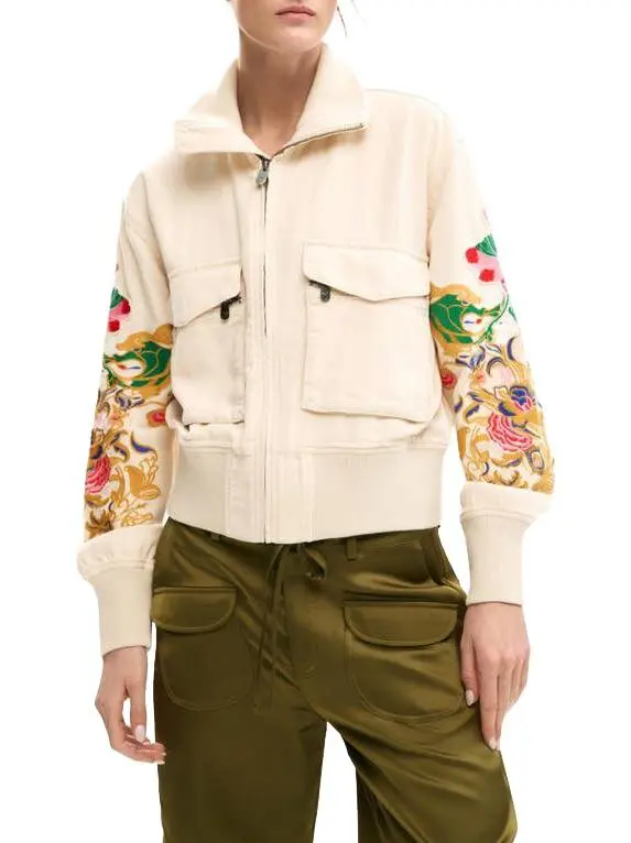 Desigual Embroidered Sleeve Jacket - Light Beige