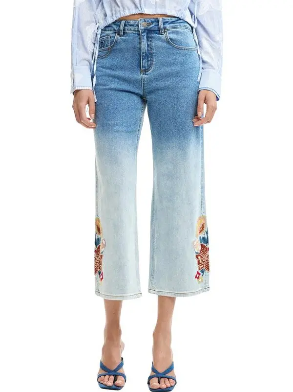 Desigual Floral Embroidered Crop Wide Leg Jeans - Medium Blue