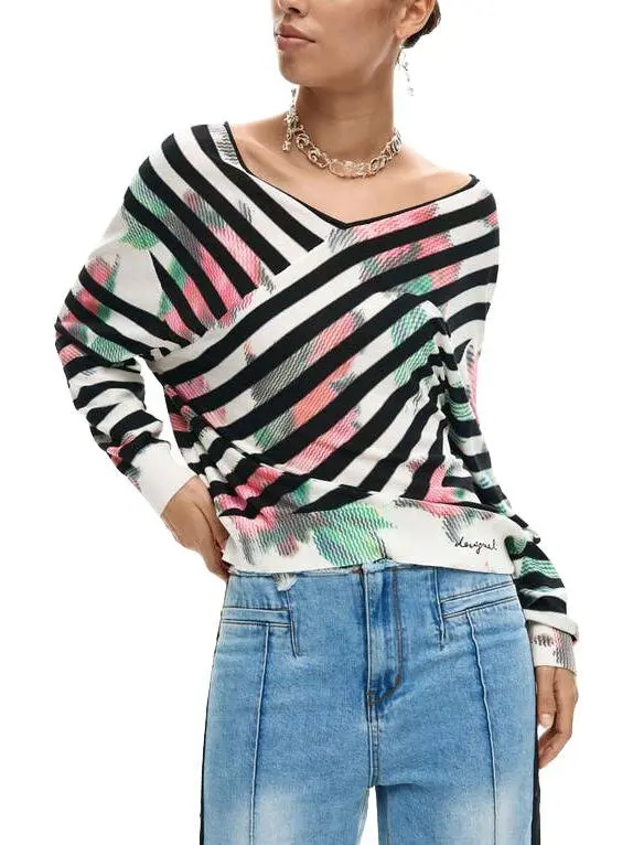 Desigual Striped Surplice Neck Sweater - Black