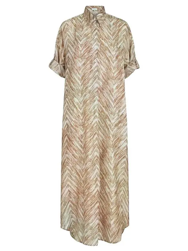 Brunello Cucinelli Chevron Print Silk Midi Shirt Dress - Neutrals