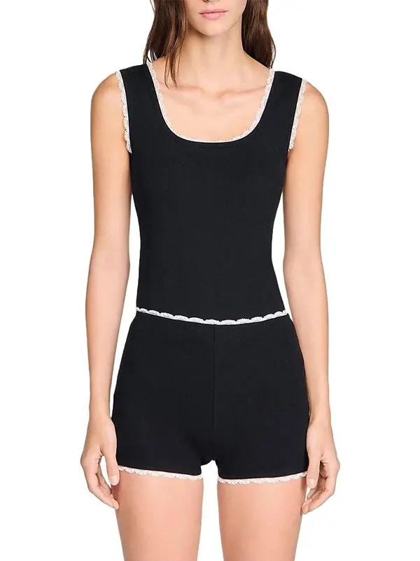 Sandro Bead Embroidered Ribbed Shorts - Black