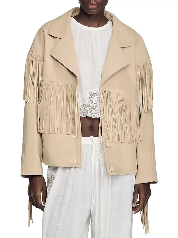 Sandro Jackie Fringe Suede Jacket - Beige