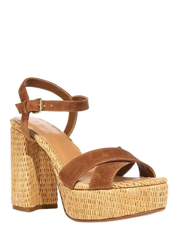 Aqua Grace Platform Sandals - Cognac Suede