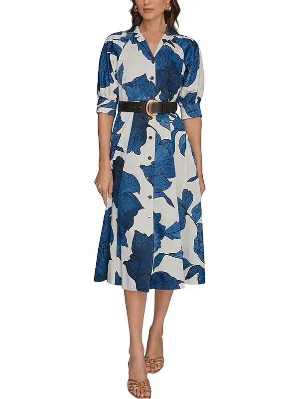 Donna Karan New York Printed Belted Shirt Dress - Cream/ Night