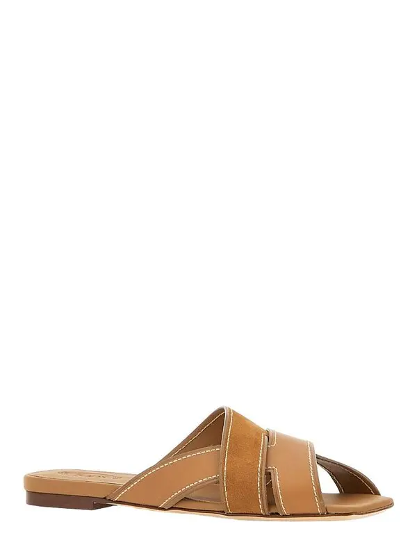 TOD'S Leather & Suede Slide Sandals - Light Beige