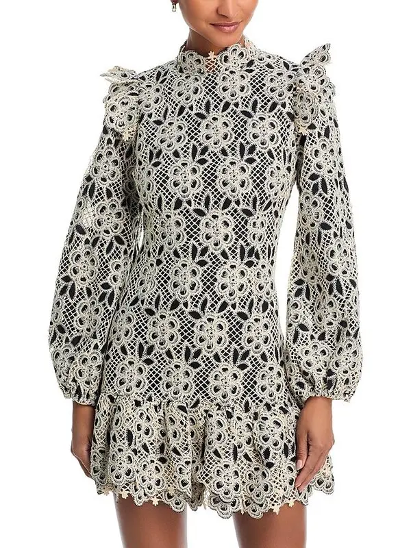 Aqua Floral Lace Mini Dress - Black/nude