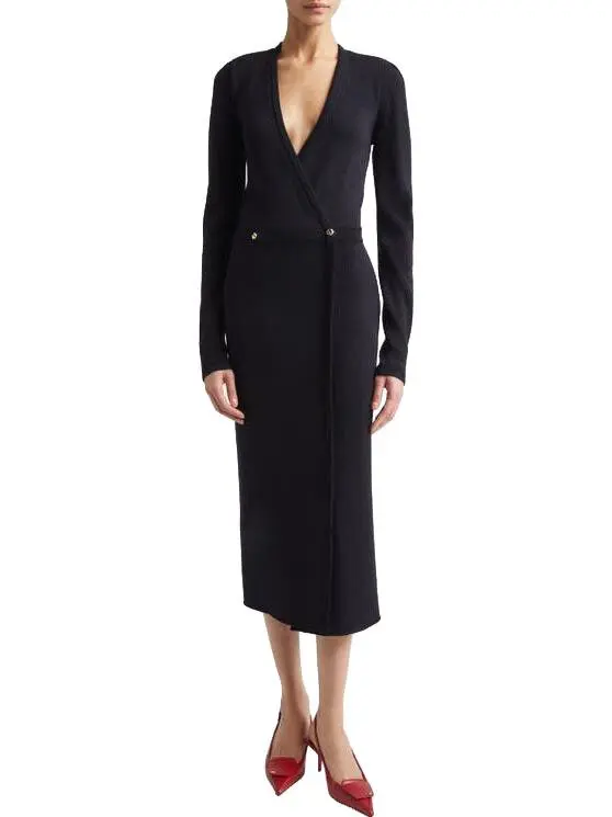 St. John Legacy Wool Blend Crepe Faux Wrap Sweater Dress - Black