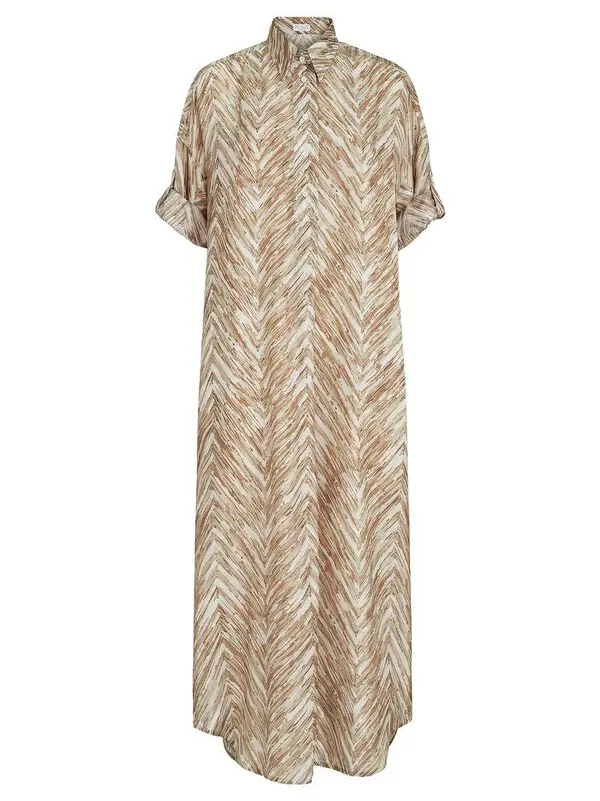Brunello Cucinelli Chevron Print Silk Shirt Dress - Beige