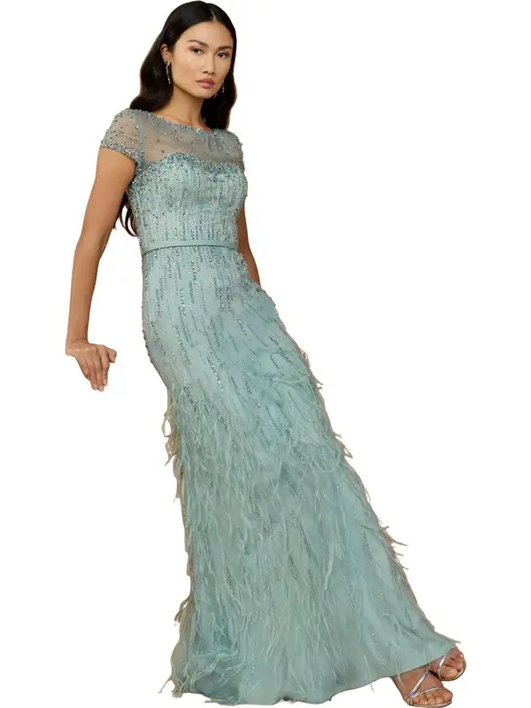 MAC DUGGAL COLLECTION Embellished Illusion Neck Feather Gown - Blue
