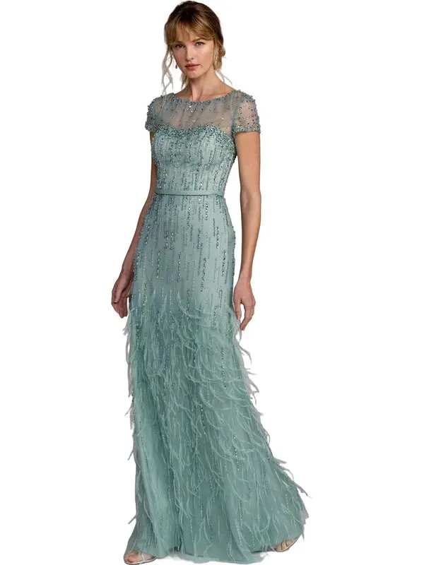 Mac Duggal Embellished Feather Gown - Seafoam