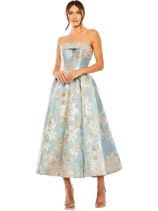 Mac Duggal Strapless Brocade Midi Dress With Pockets - Blue Multi