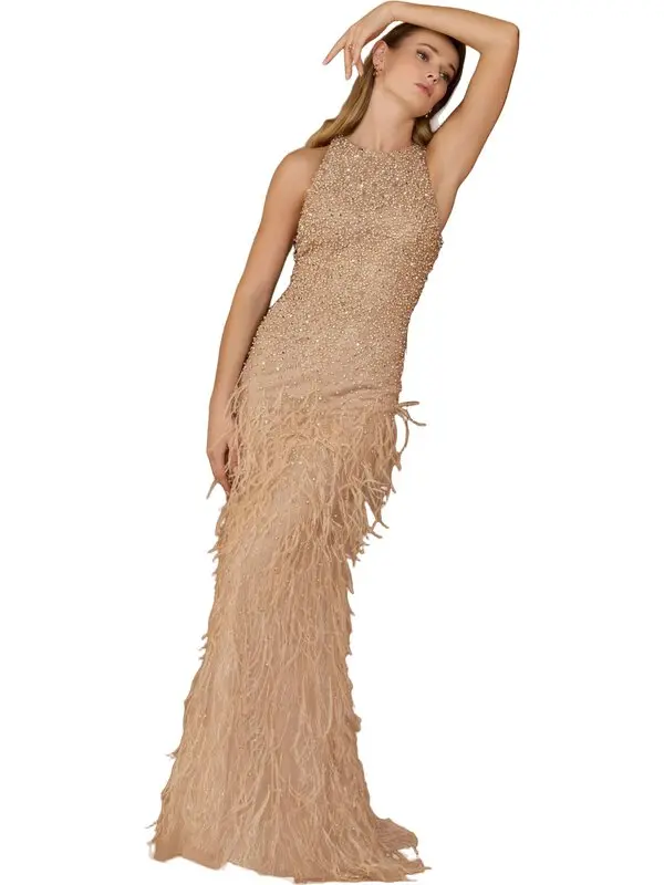 Mac Duggal Embellished Lace Feather Gown - Porcelain