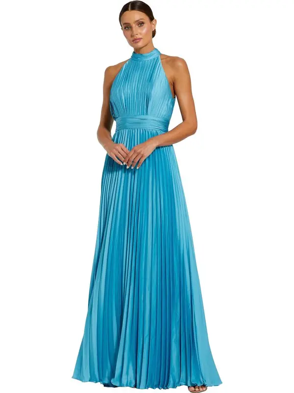 Mac Duggal Sleeveless Pleated Satin Gown - Pool Blue