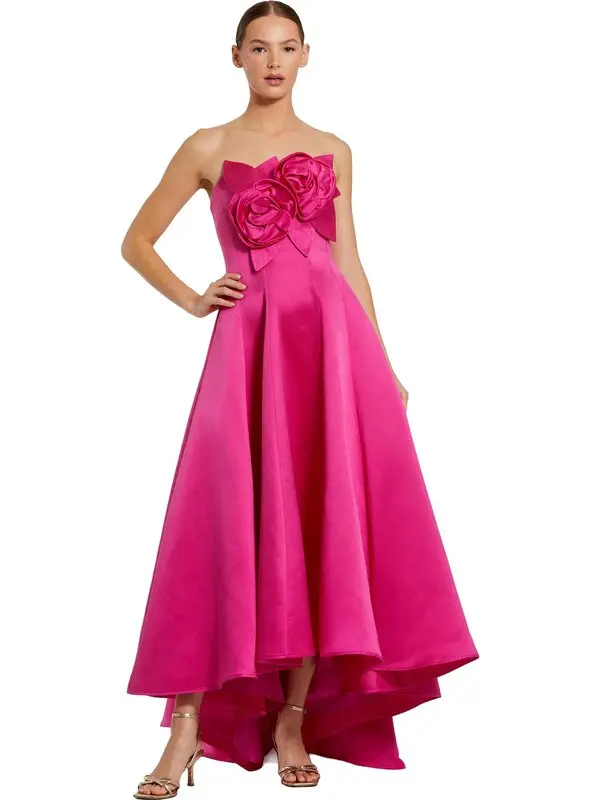 Mac Duggal Strapless Satin High-low Gown With 3d Flowers - Pink