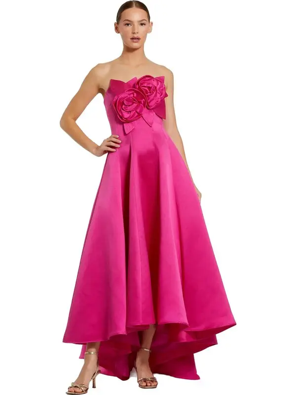 Mac Duggal Strapless Satin High-low Gown With 3d Flowers - Pink