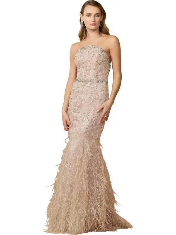 Mac Duggal Embellished Mermaid Gown With Feathered Hem - Champagne