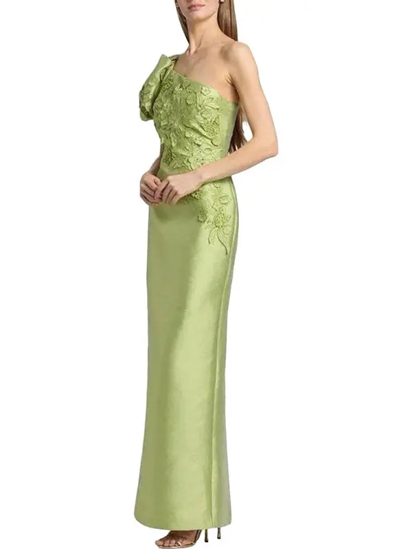Badgley Mischka One-shoulder Pebble Gazar Column Gown - Lime