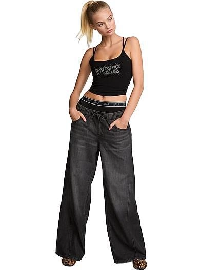 Pink Front-tie Low-rise Wide-leg Jeans - Blue