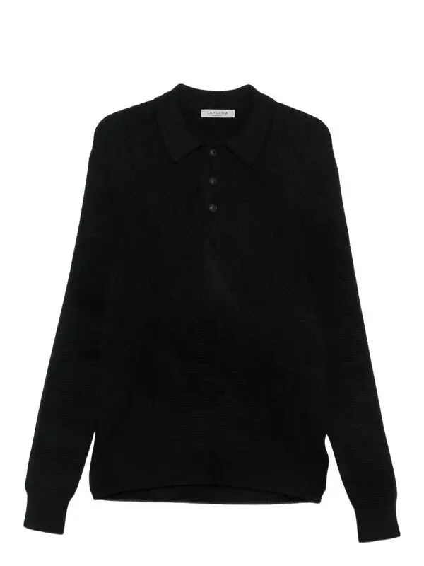 FILERIA Waffle-knit Long-sleeve Polo Shirt - Black