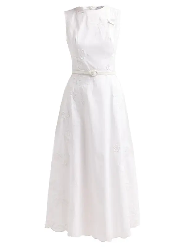 Oscar De La Renta Floral-embroidered Poplin Sateen Day Dress - White