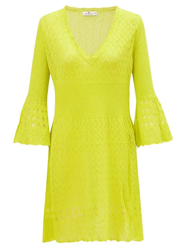 PERALUNA Yoho Openwork V-neck Knit Mini Dress In Lime - Green