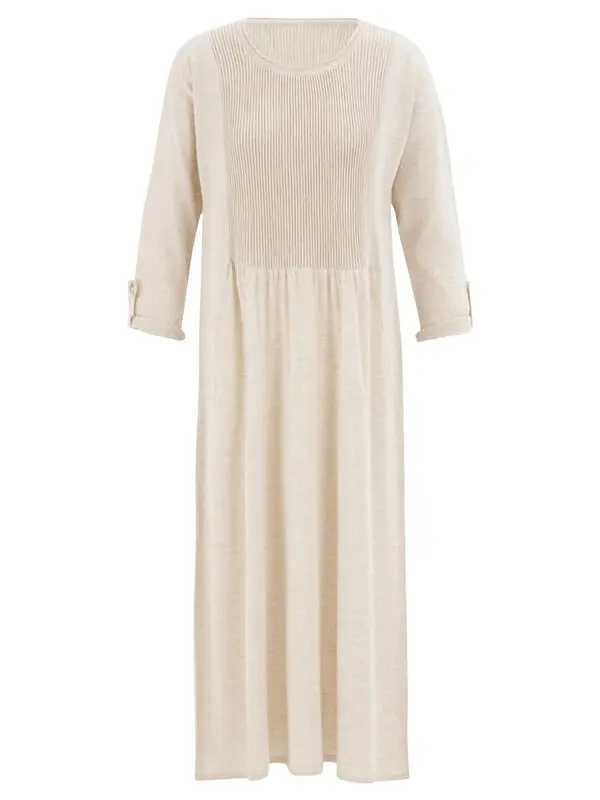 PERALUNA 3d Vertical Striped Midi Knit Dress Ecru Melange - White