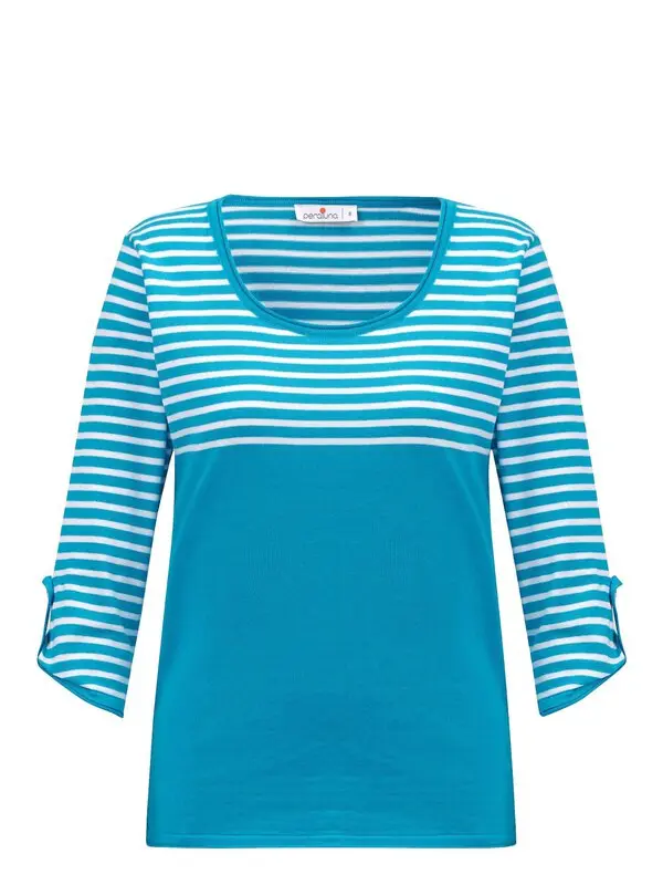 PERALUNA Sailor Striped Knitwear 3/4 Sleeve Pullover Turquoise/white - Blue/white