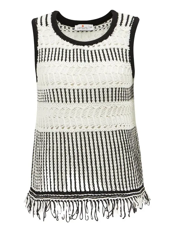 PERALUNA Kiyo Tassled Sleeveless Blouse In Ecru/black - Beige/black