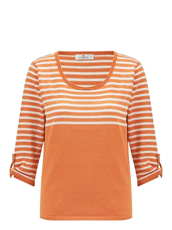 PERALUNA Sailor Striped Knitwear 3/4 Sleeve Pullover /white - Orange