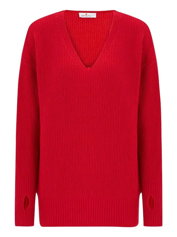 PERALUNA Cashmere Blend V-neck Loose Fit Pullover - Red
