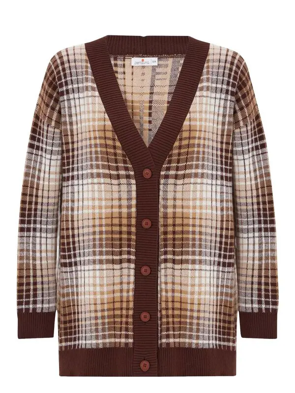 PERALUNA Cashmere Blend Loose Fit V-neck Plaid Knit Cardigan - Brown