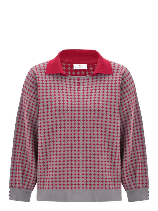 PERALUNA Polo-neck 3/4 Sleeve Geometric Patterned Knitwear Pullover /burgundy - Grey