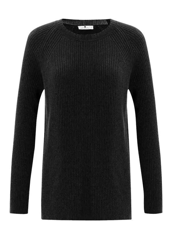 PERALUNA Cashmere Blend O-neck Ribbed Slit Pullover - Black