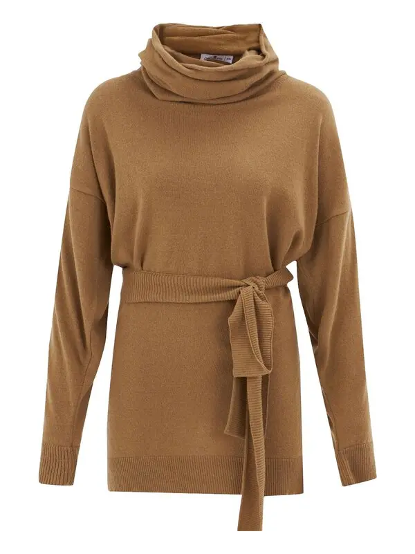 PERALUNA Cashmere Blend Mock Neck Belted Knitwear Long Pullover Camel - Brown